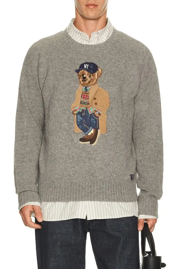 Polo Ralph Lauren Wool Blend Novelty Heritage Bear Crewneck Sweater In Grey - Grey Combo