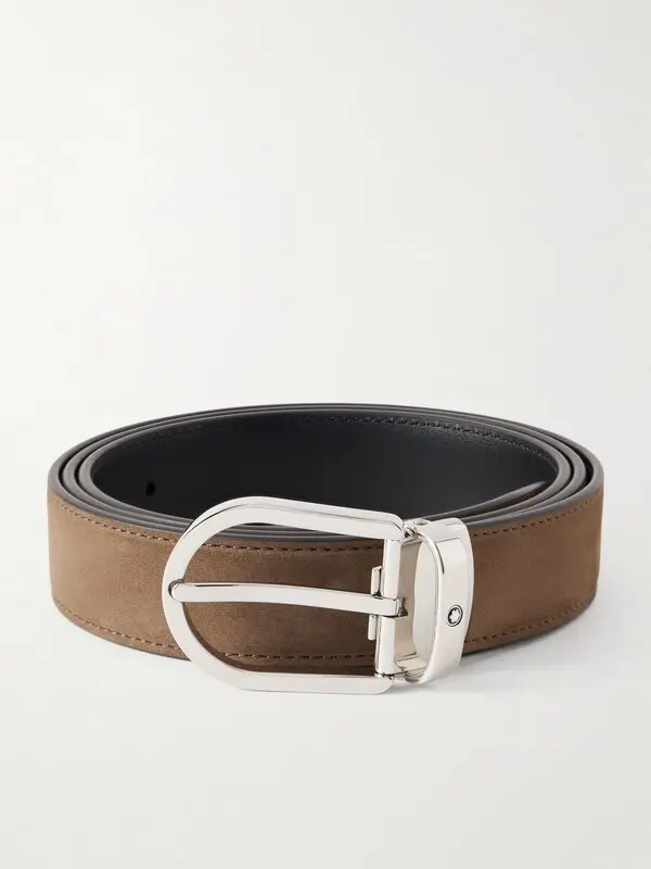 Montblanc 3cm Horseshoe Reversible Suede And Leather Belt - Brown