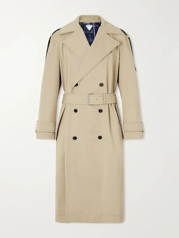 Bottega Veneta Intrecciato Leather-trimmed Cotton-gabardine Trench Coat - Neutrals