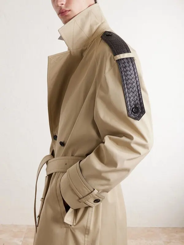 Bottega Veneta Intrecciato Leather-trimmed Cotton-gabardine Trench Coat - Neutrals