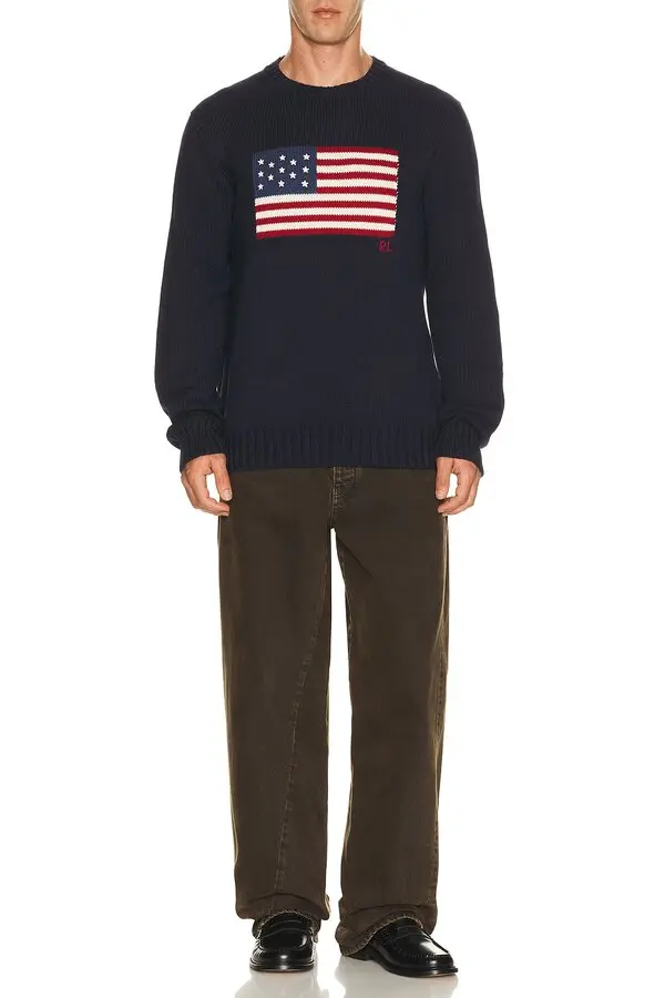 Polo Ralph Lauren Roving Cotton Usa Flag Crewneck Sweater In Navy