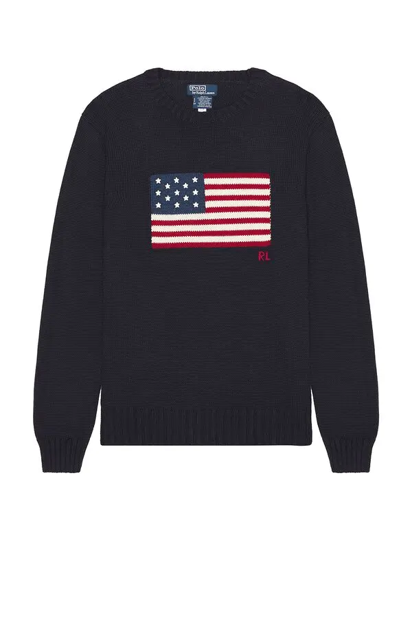 Polo Ralph Lauren Roving Cotton Usa Flag Crewneck Sweater In Navy