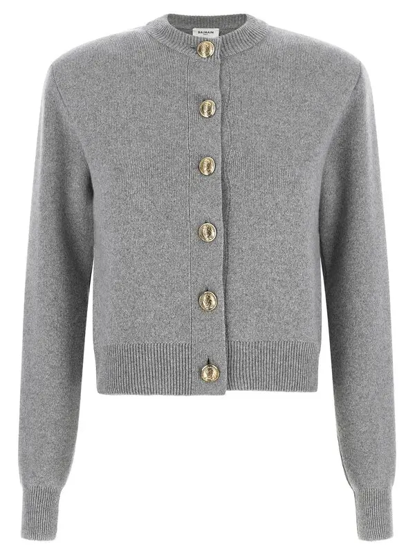Balmain Sculpture Button Crew Neck Cardigan - Gray