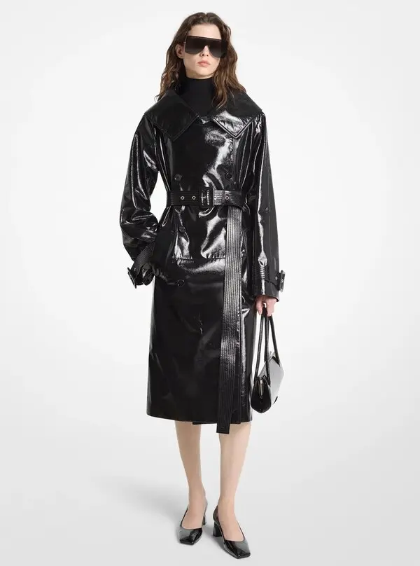 Michael Kors Crackled Leather Portrait Collar Trench Coat In Size By - Black