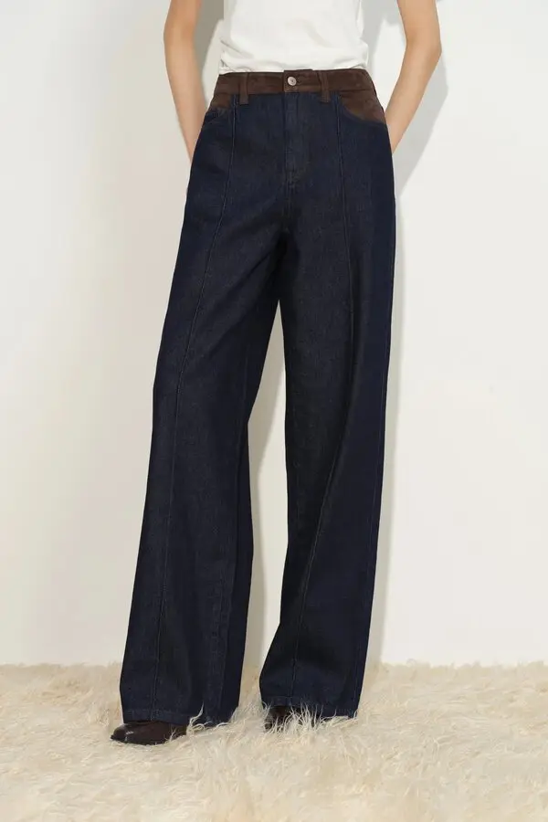 Fabrique Bella Suede Panel Wide Leg Jeans In Cotton Denim