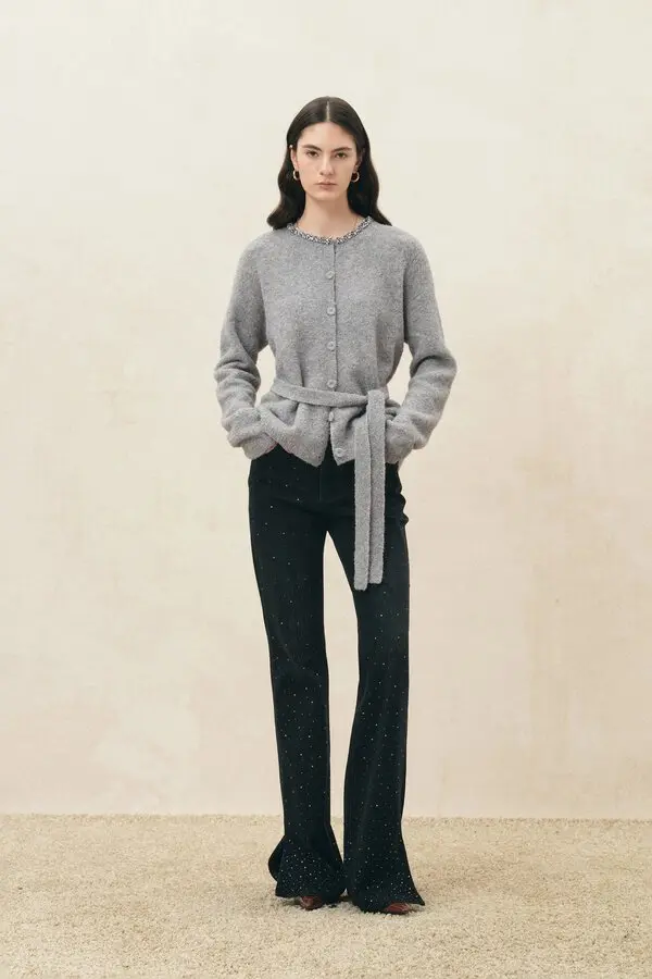 Fabrique Megan Crystal Embellished Belted Cardigan In Wool Blend