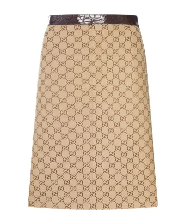 Gucci Gg Supreme Crocodile-effect Midi Skirt - Camel/ebony