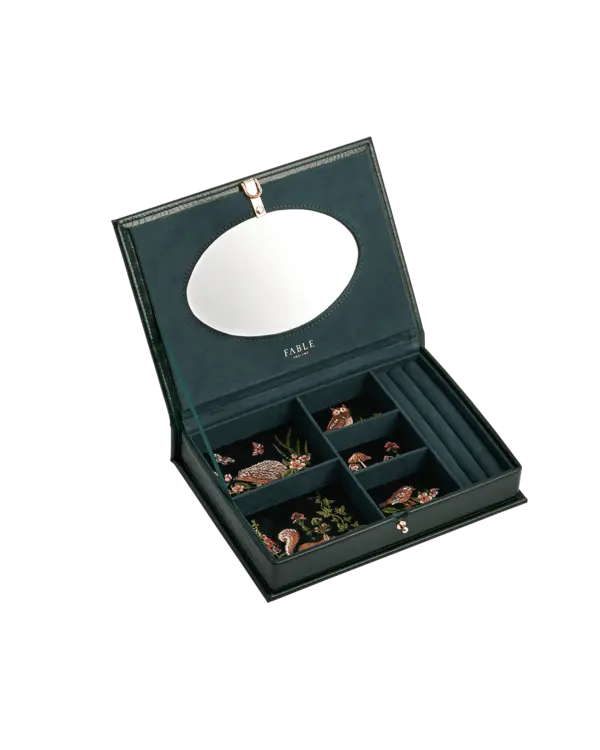 FABLE ENGLAND Meadow Scene Embroidered Large Jewellery Box In Forest Croc - Green