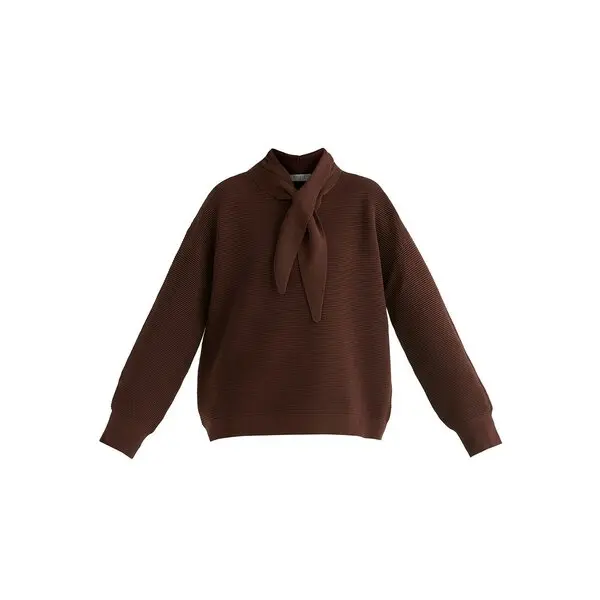 PAISIE Ribbed Jumper With Attached Scarf Tie - Brown