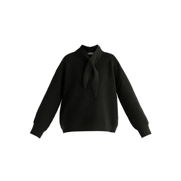 PAISIE Ribbed Jumper With Attached Scarf Tie - Black