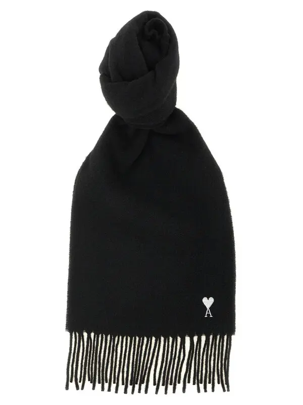 AMI Paris Quota' Scarf With Adc Embroidery And Fringes - Black