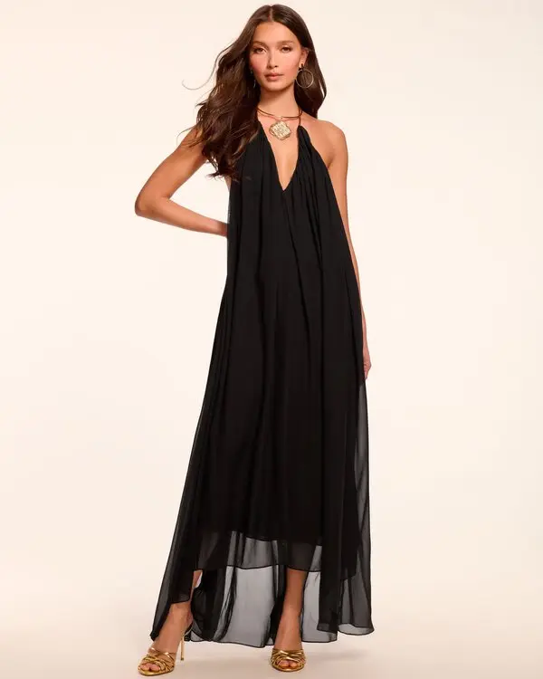 Ramy Brook Rainn Chiffon V-neck Halter Gown - Black