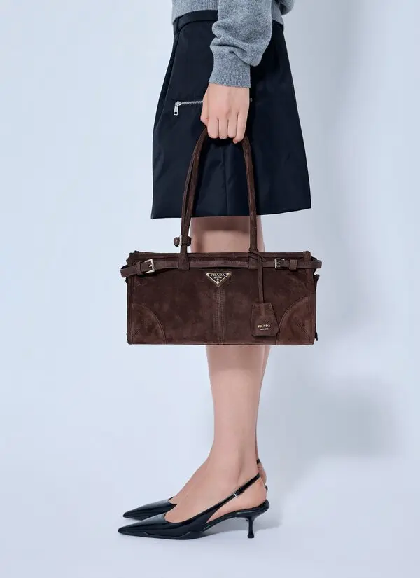 Prada Medium Bonnie Suede Leather Handbag - Brown