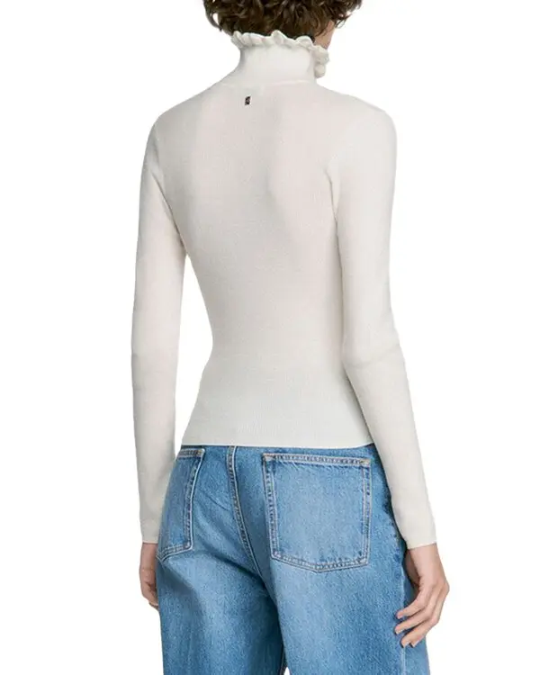 Sandro Lana Wool Blend Ruffled Turtleneck Sweater - Ecru