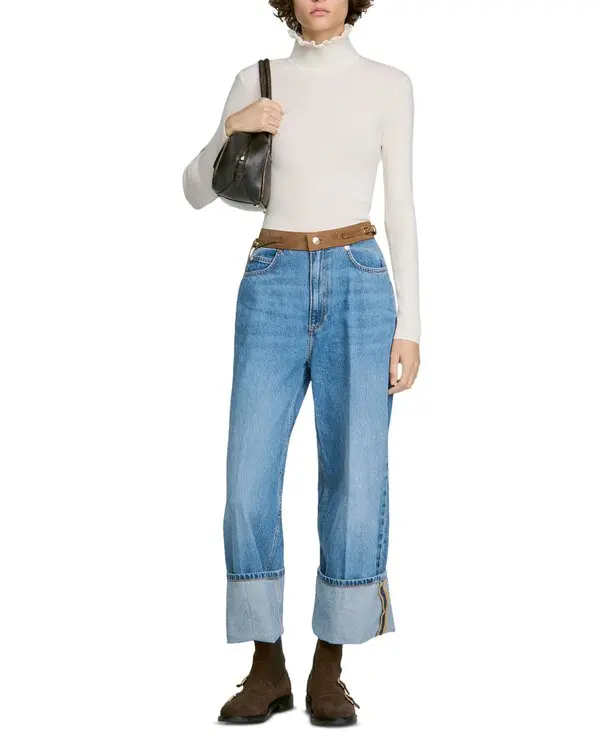 Sandro Lana Wool Blend Ruffled Turtleneck Sweater - Ecru
