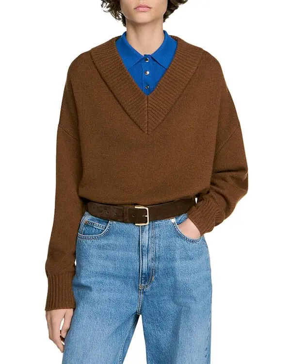 Sandro Sloane Wool & Cashmere Layered Sweater - Camel