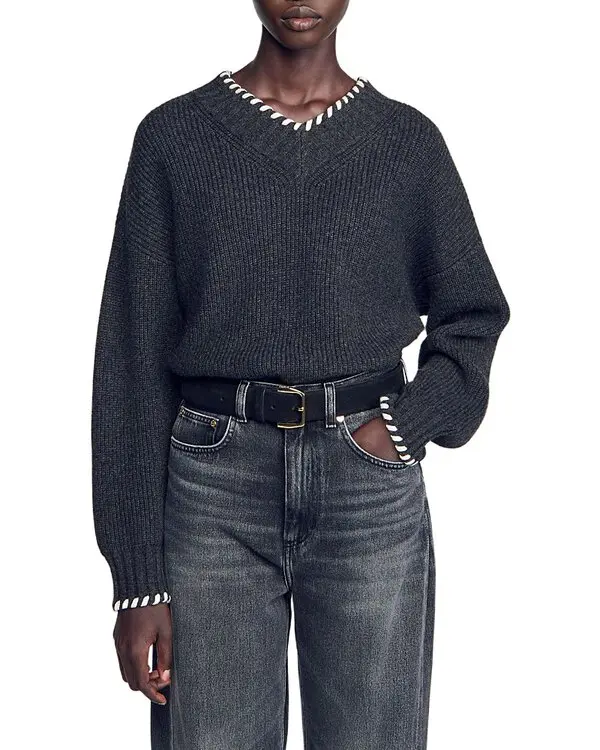Sandro Augusta Wool Blend Whipstitch V Neck Sweater