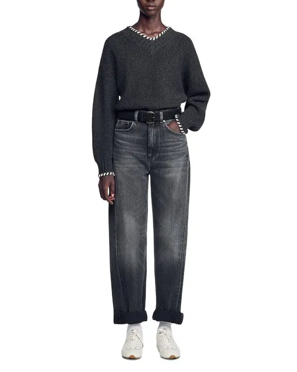 Sandro Augusta Wool Blend Whipstitch V Neck Sweater