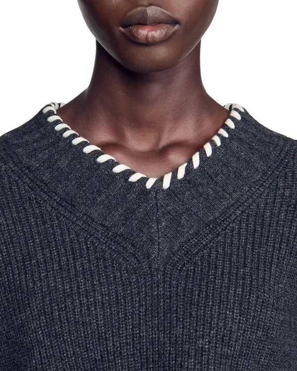 Sandro Augusta Wool Blend Whipstitch V Neck Sweater