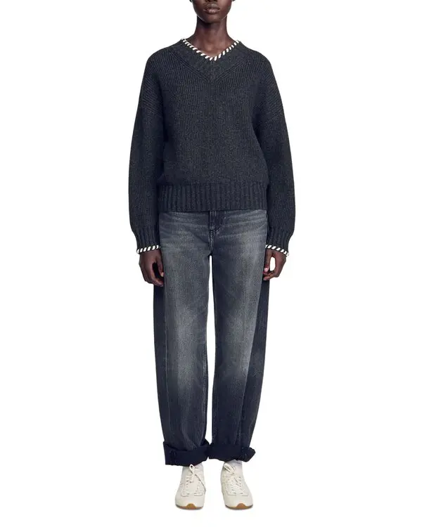 Sandro Augusta Wool Blend Whipstitch V Neck Sweater