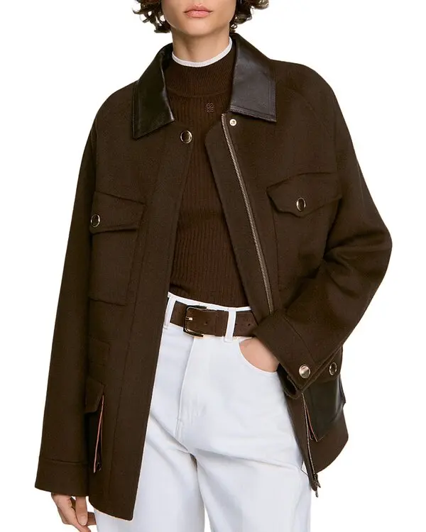Sandro Gery Leather Trim Wool Jacket