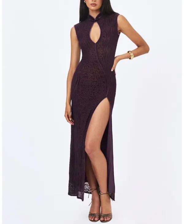 MISS CIRCLE NEW YORK Riona Burnout Velvet Mesh Keyhole Maxi Dress