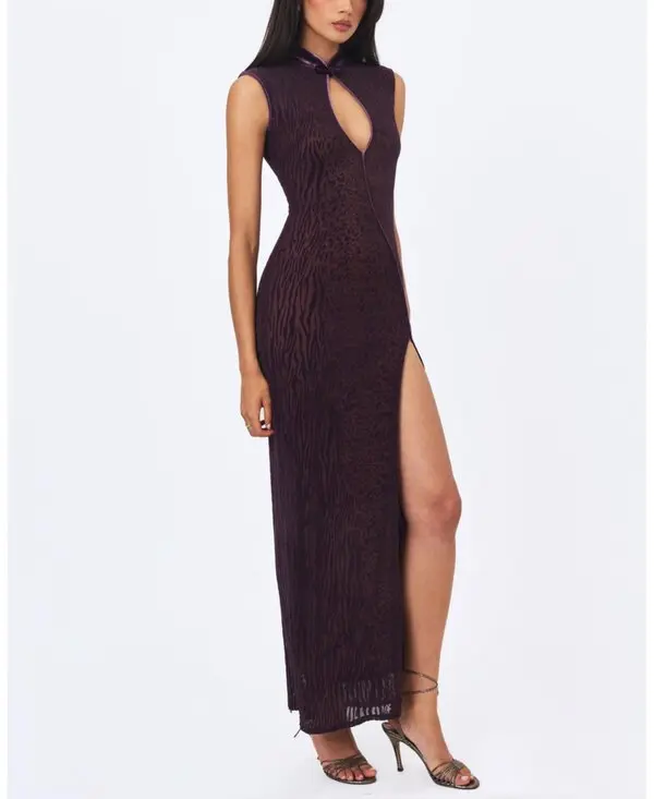 MISS CIRCLE NEW YORK Riona Burnout Velvet Mesh Keyhole Maxi Dress