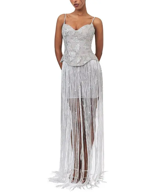 MISS CIRCLE NEW YORK Olisa Beaded Peplum Tassel Maxi Dress - Silver