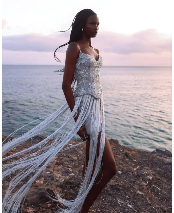 MISS CIRCLE NEW YORK Olisa Beaded Peplum Tassel Maxi Dress