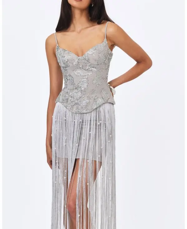 MISS CIRCLE NEW YORK Olisa Beaded Peplum Tassel Maxi Dress