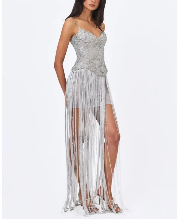 MISS CIRCLE NEW YORK Olisa Beaded Peplum Tassel Maxi Dress