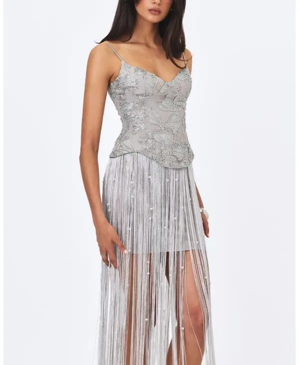 MISS CIRCLE NEW YORK Olisa Beaded Peplum Tassel Maxi Dress