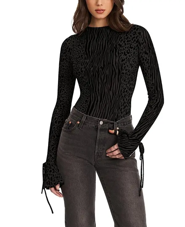 MISS CIRCLE NEW YORK Ibera Print Burnout Velvet Long Sleeve Bodysuit - Black