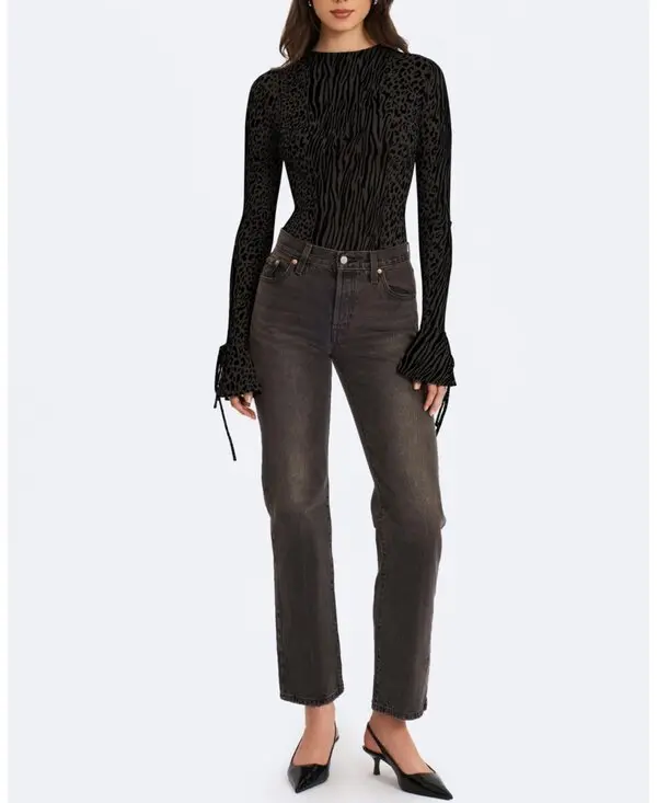 MISS CIRCLE NEW YORK Ibera Print Burnout Velvet Long Sleeve Bodysuit