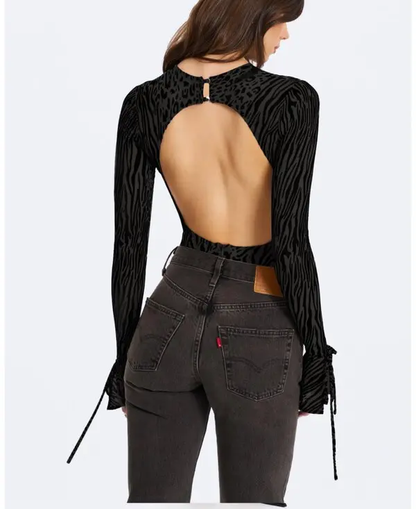 MISS CIRCLE NEW YORK Ibera Print Burnout Velvet Long Sleeve Bodysuit