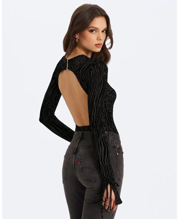 MISS CIRCLE NEW YORK Ibera Print Burnout Velvet Long Sleeve Bodysuit