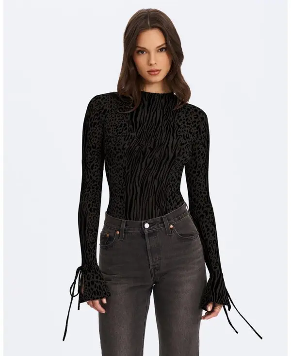 MISS CIRCLE NEW YORK Ibera Print Burnout Velvet Long Sleeve Bodysuit