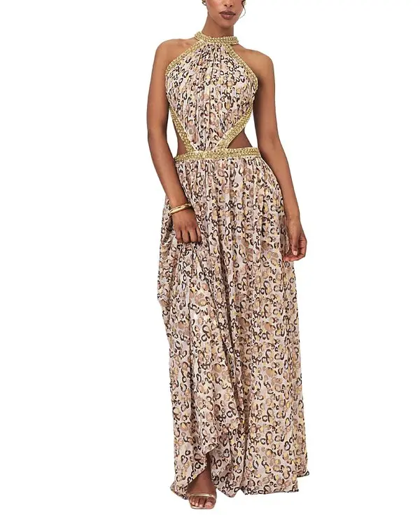 MISS CIRCLE NEW YORK Quinnlyn Cheetah Print Chiffon Halter Maxi Dress - Beige