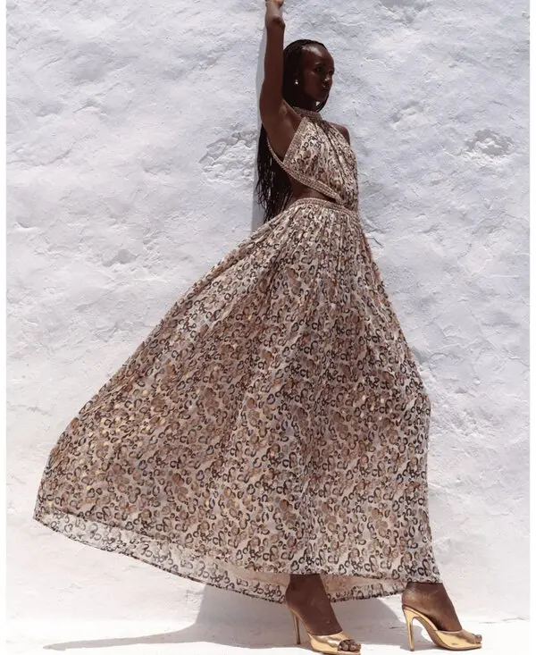 MISS CIRCLE NEW YORK Quinnlyn Cheetah Print Chiffon Halter Maxi Dress