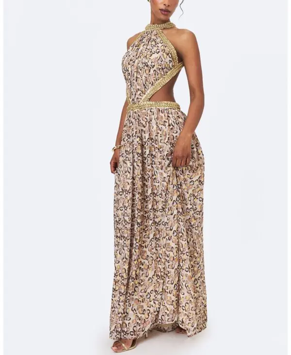 MISS CIRCLE NEW YORK Quinnlyn Cheetah Print Chiffon Halter Maxi Dress