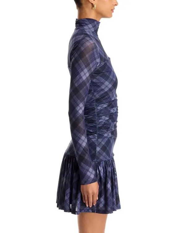 Aqua Plaid Mesh Gathered Mini Dress Exclusive