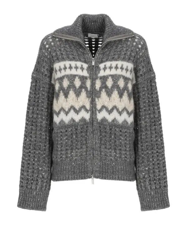 Peserico Fair Isle Zip Knitted Sweater - Grey