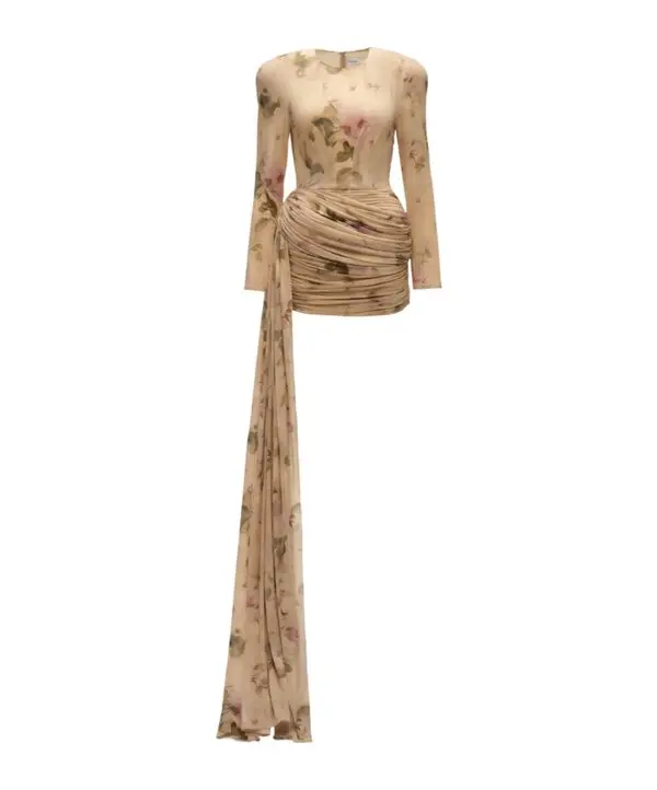 Magda Butrym Floral Printed Longsleeve Sash Mini Dress - Beige