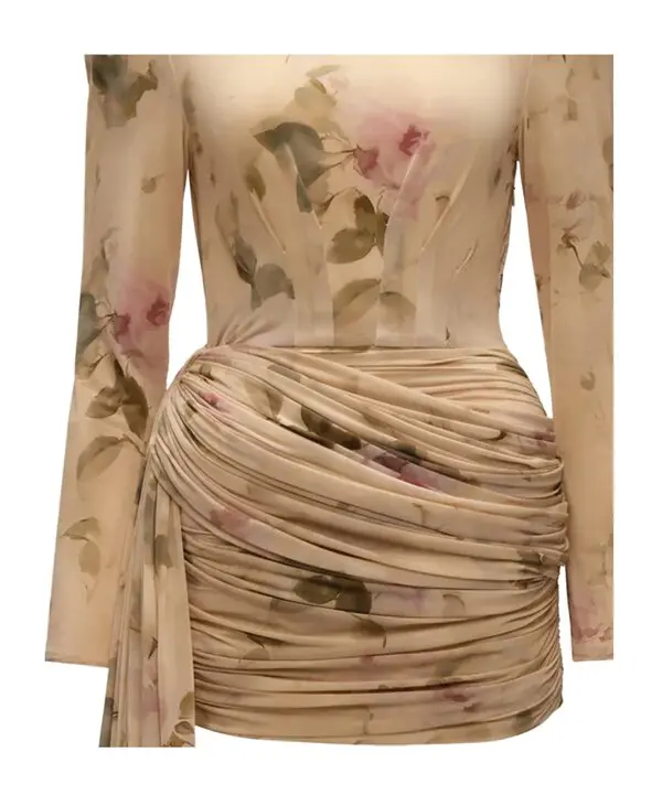 Magda Butrym Floral Printed Longsleeve Sash Mini Dress - Beige