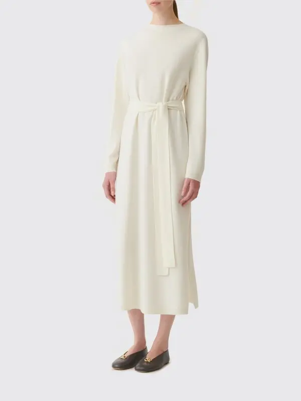 Fabiana Filippi Wool Silk And Cashmere Midi Knit Dress With Belt - Natural