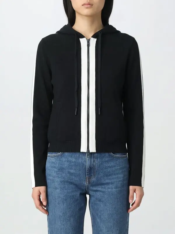Elisabetta Franchi Wool Blend Knit Zip-up Hoodie With Logo Bands - Black