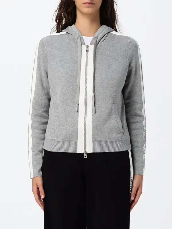 Elisabetta Franchi Wool Blend Knit Zip-up Hoodie With Logo Bands - Grey