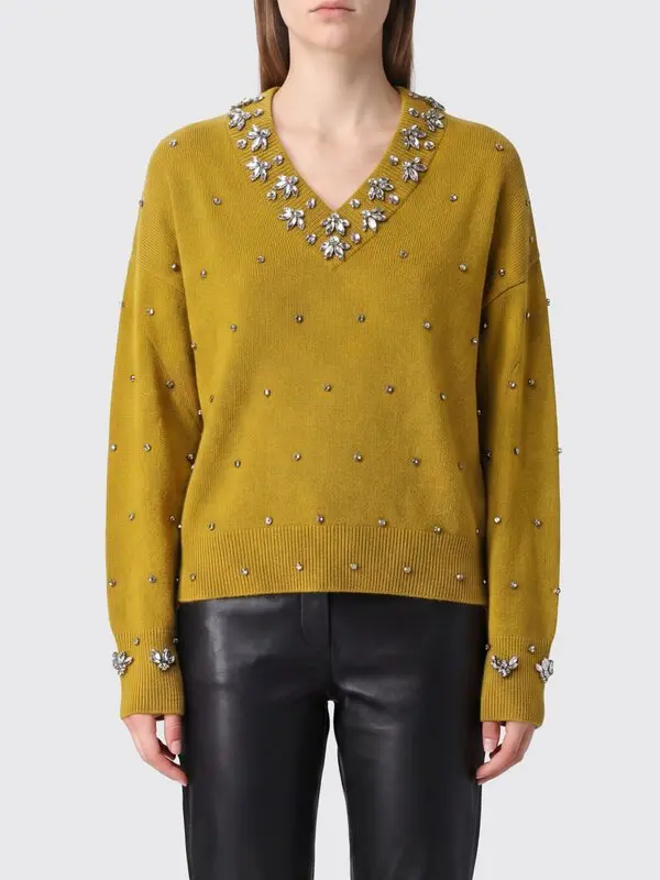 Pinko Pure Cashmere V-neck Jumper With Crystal Embroidery - Green