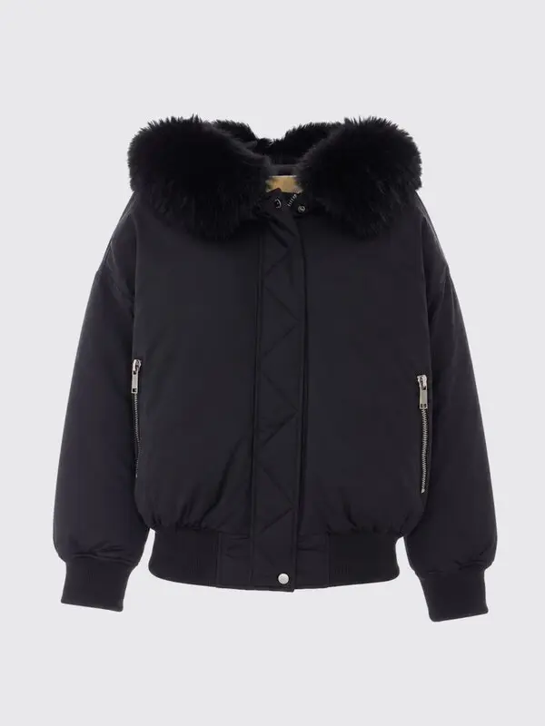 Michael Kors Satin Bomber Jacket With Hood And Fur Collar - Black
