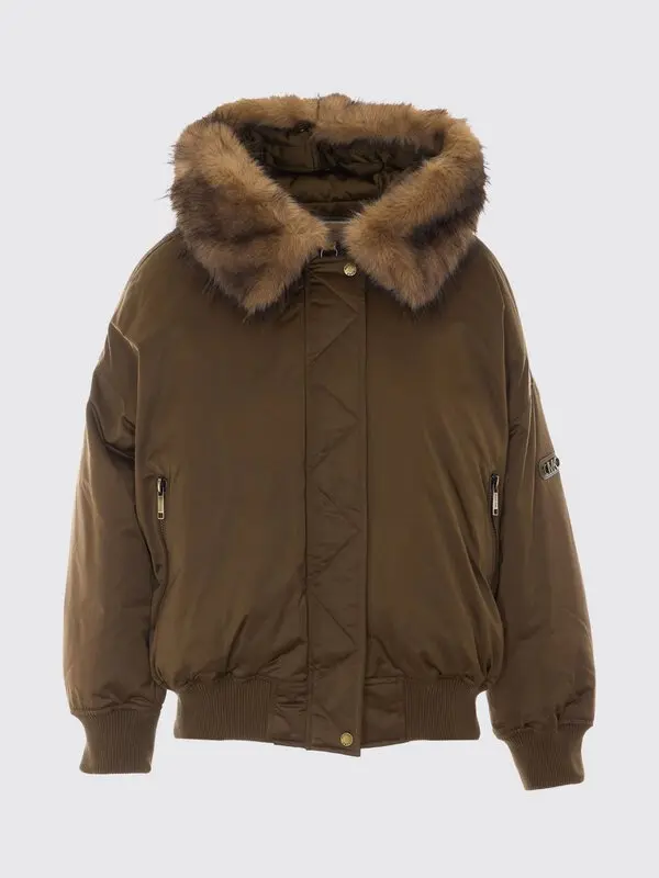 Michael Kors Satin Bomber Jacket With Hood And Fur Collar